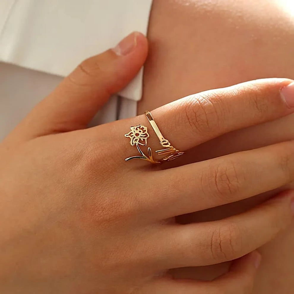 Birth Flower and Name Ring | Personalized Birth Name Ring – Lula Jewelry