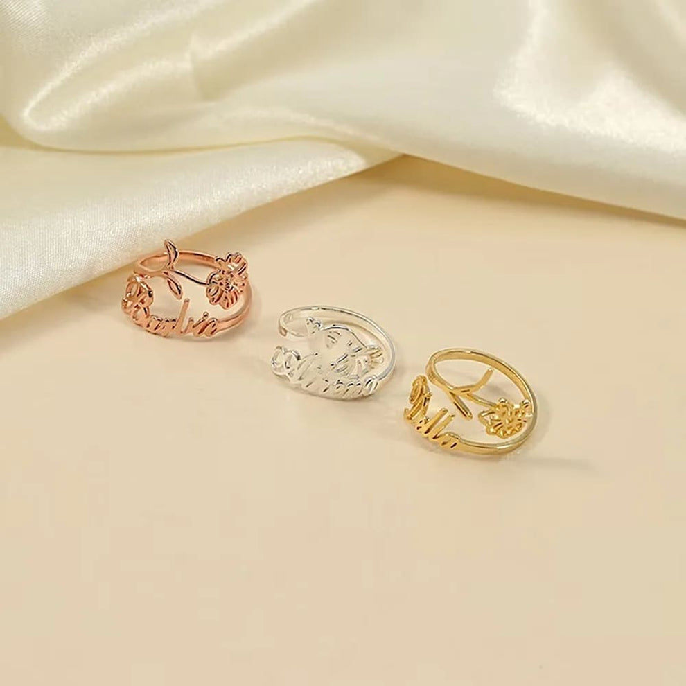 Birth Flower and Name Ring | Personalized Birth Name Ring – Lula Jewelry